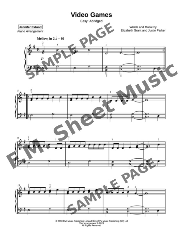 Video Games (Easy Piano) By Lana Del Rey - F.M. Sheet Music - Pop Arrangements by Jennifer Eklund